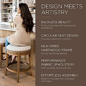 Maven Lane Alexander 26 Inch Tall Counter Height Rotating Backless Barstool in Weathered Oak Finish with Sand Color Fabric Upholstered Seat