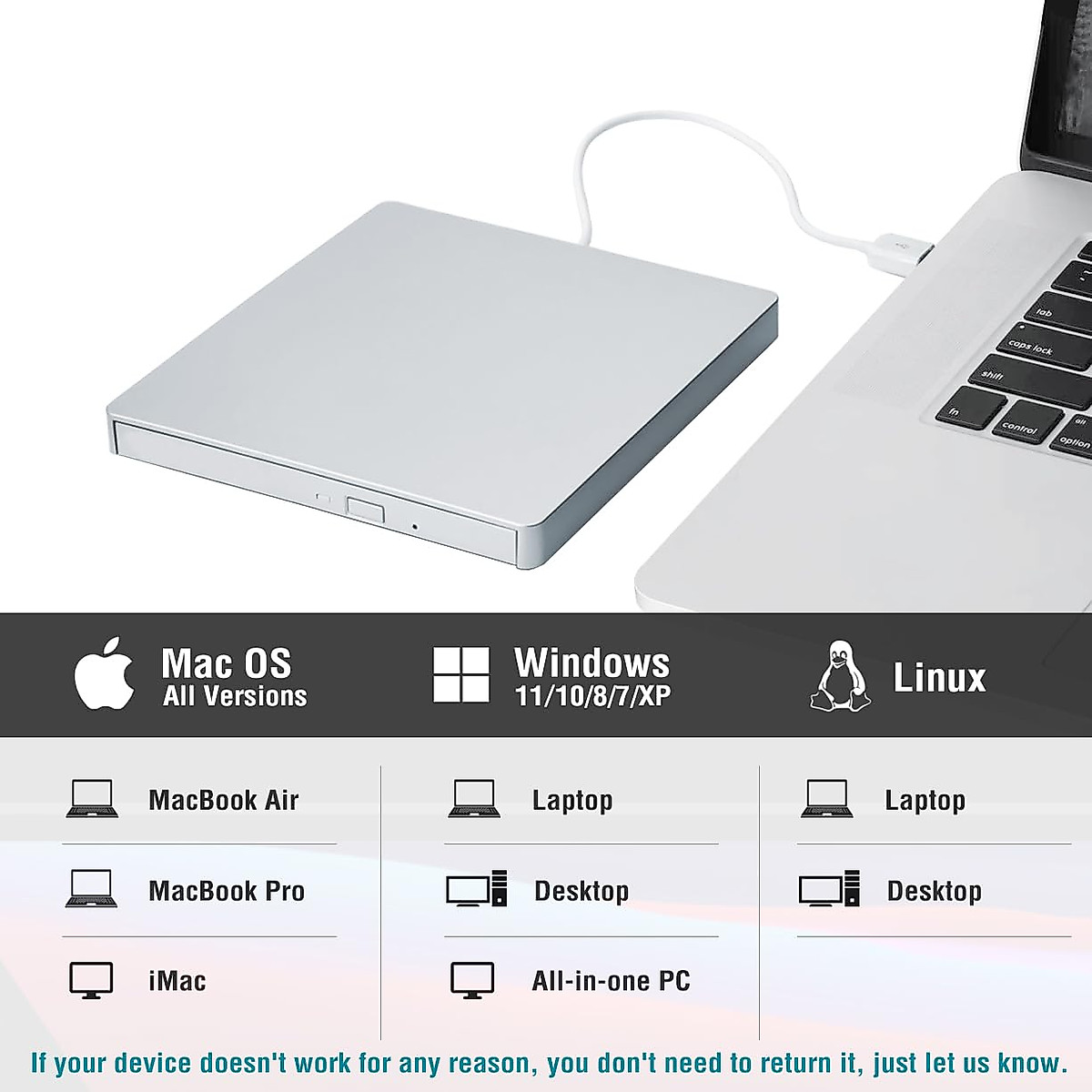 ROOFULL External CD/DVD Drive, CD Burner USB 3.0 Portable CD-ROM DVD+/-RW Disc Player Burner Reader Writer Optical Drive for Apple Mac MacBook Pro/Air, Windows 11/10 Laptop PC, Silver