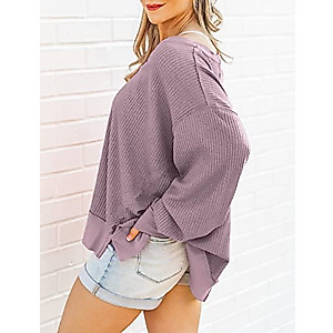 ASTANFY Womens Long Sleeve Sweatshirts Waffle Knit Shirts V Neck Solid Color Pullover Casual Loose Fit Tunic Tops Purple