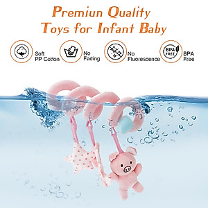 vocheer Car Seat Toys for Babies 0-6 Months Hanging Rattle Bouncer Toys for Crib Mobile, Infant Spiral Plush Stroller Toys，Girls Pink Pig