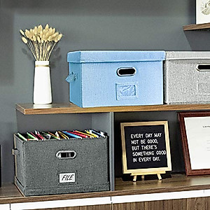 JSungo File Box with 5 Hanging Filing Folders, Document Organizer Storage for Office, Collapsible Linen Storage Box with Lids, Home Portable Storage with Handle, Letter Size Legal Folder, Blue