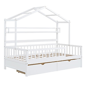 Harper & Bright Designs Twin House Bed with 2 Storage Drawers, Kids Twin Platform Bed Frame with Storage Shelves, Fence and Roof, Tent Bed, Wood Playhouse Bed Twin for Kids Teens Girls & Boys (White)