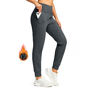 SANTINY Women's Fleece Lined Joggers Water Resistant High Waisted Thermal Sweatpants Winter Pants Hiking Running Pockets(Dark Grey_L)
