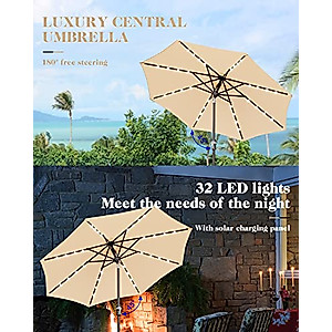 Zersun 9FT Patio Umbrella, Solar Powered LED Umbrellas with 32 LED Lights 8 Ribs/Tilt Adjustment and Crank Lift System for Garden, Backyard and Pool - Tan