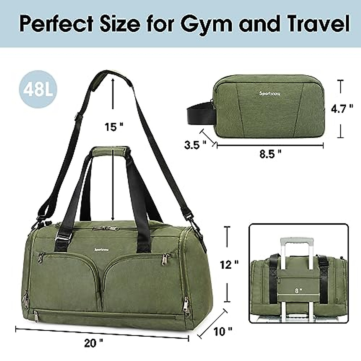 Gym Bag for Women Men Sports Backpack with Wet Pocket & Shoes Compartment Travel Duffle bag with Toiletry Bag Weekender Overnight Bag Carry On Backpack Army Green