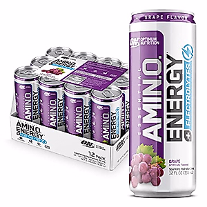 Optimum Nutrition Amino Energy Drink + Electrolytes for Hydration - Sugar Free, Amino Acids, BCAA, Keto Friendly, Sparkling Drink - Grape, Pack of 12 (Packaging May Vary)