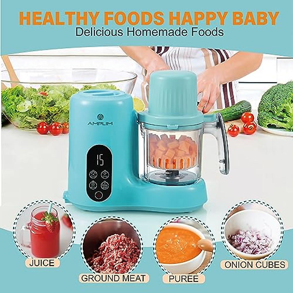 Amplim Baby Food Maker for Nutritious Homemade Meals | 11-in-1 Processor with Steam, Blend, Puree, Grinder, Chopper, Juicer, Defroster, Reheater, Cooker, Meal Station, and Bottle Sanitizer and Warmer