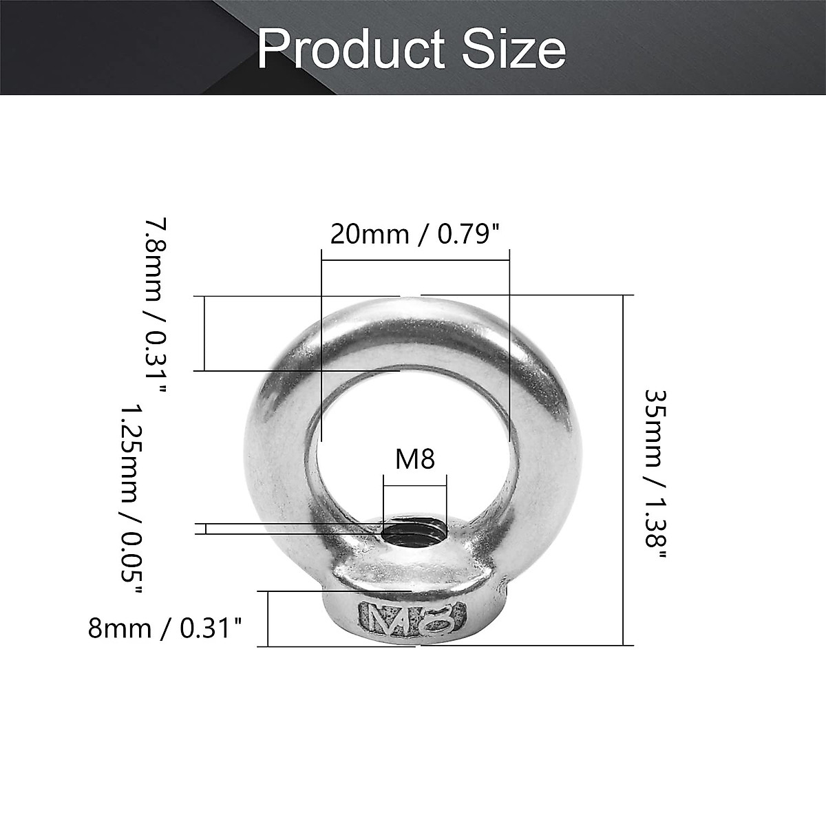 MroMax 20Pcs Lifting Eye Nut M8 Metric Female Thread Ring Shape Nut 304 Stainless Steel Round Shape Fastener Lifting Ring for Rope Fitting Silver