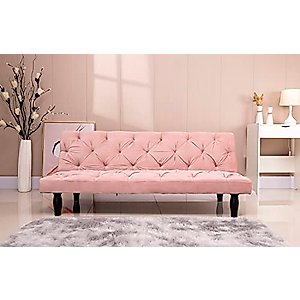 66"Modern Velvet Futon Sofa Bed,Convertible Folding Sleeper Sofa with 3 Angles Adjustable Back,Wood Legs,Small Couch Bed Recliner for Small Space,Living Room Bedroom Apartment Dorms Office (Pink)