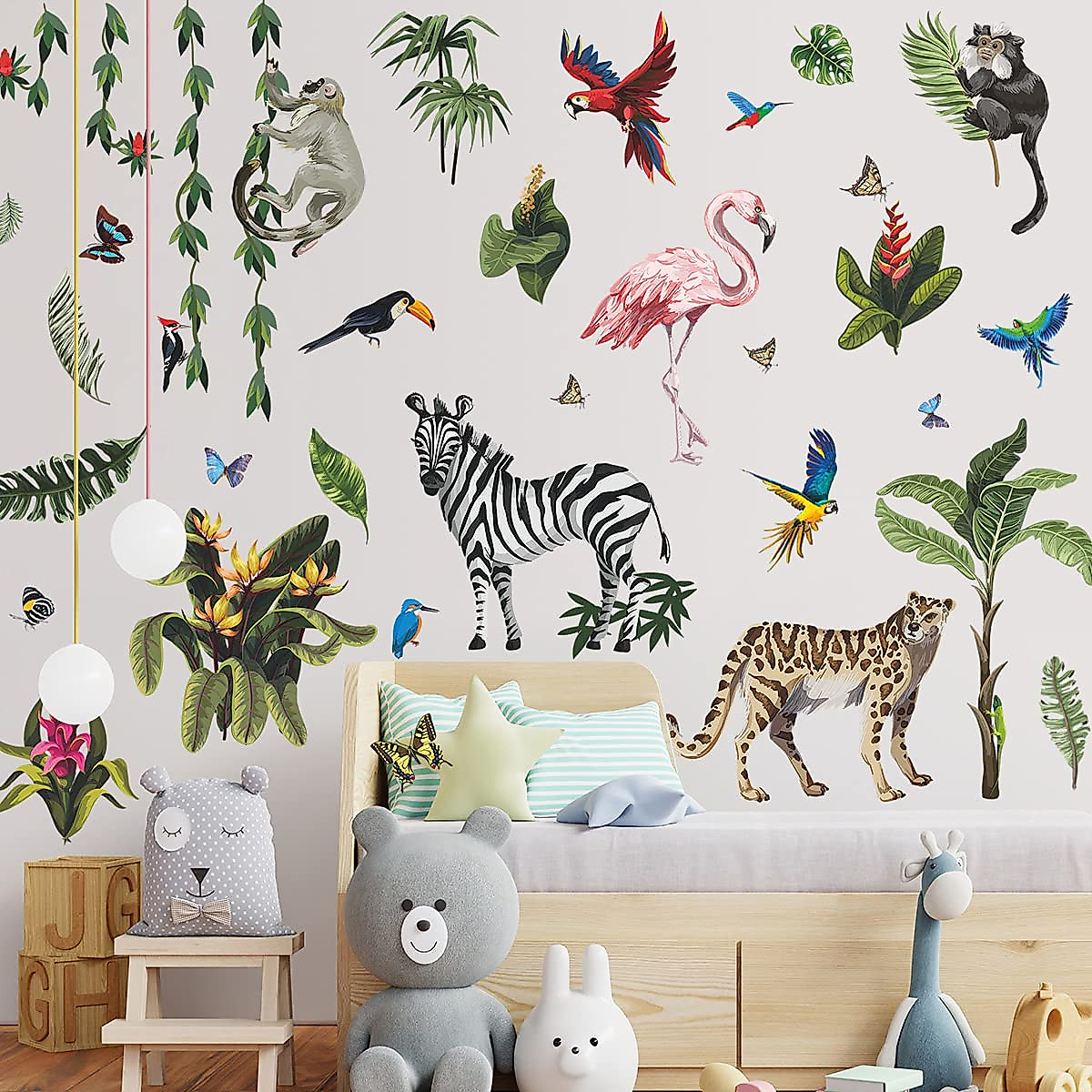 RW-4963 Creative Jungle Animals Wall Decals Wild Safari Animals Wall Stickers DIY Removable Green Tree Monkey Leopard Zebra Birds Butterfly Animals Plants Decor for Kids Bedroom Living Room Nursery