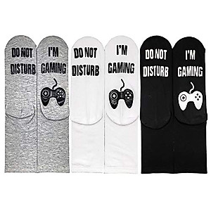 YHZFS 3 Pairs Do Not Disturb I'm Gaming Socks Mens Funny Dress Sock for Gamer Teen Young Boy Novelty Christmas Gifts (3 Pack - Black/White/Gray, Long Mid Calf - Dress Socks)