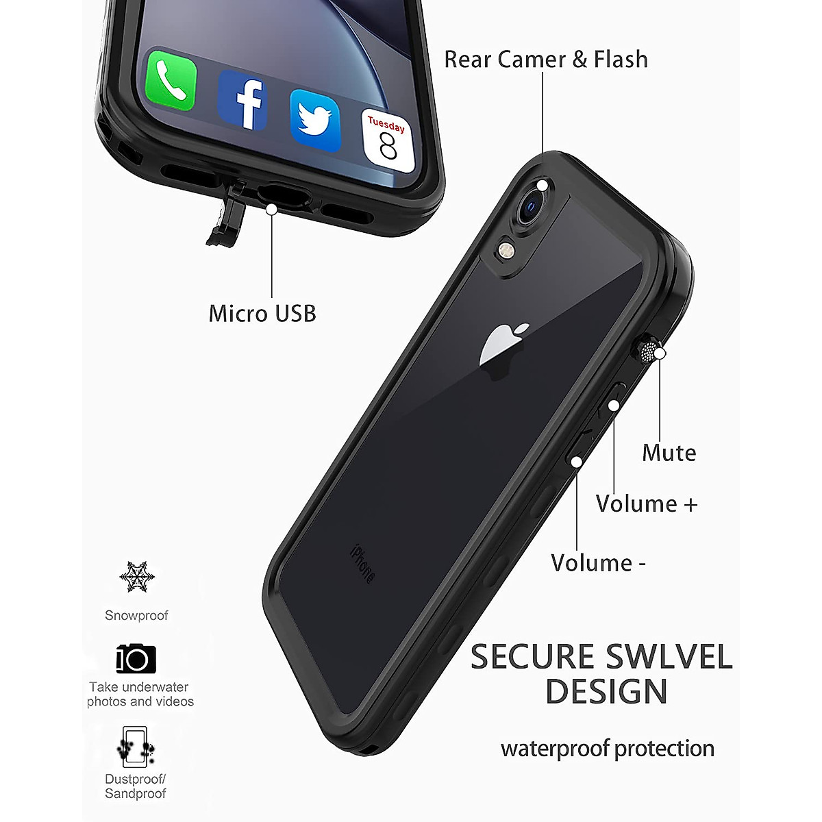 LOVE BEIDI iPhone XR Waterproof case Life Snowproof Dirtproof Shockproof Cover … (Black/Clear)