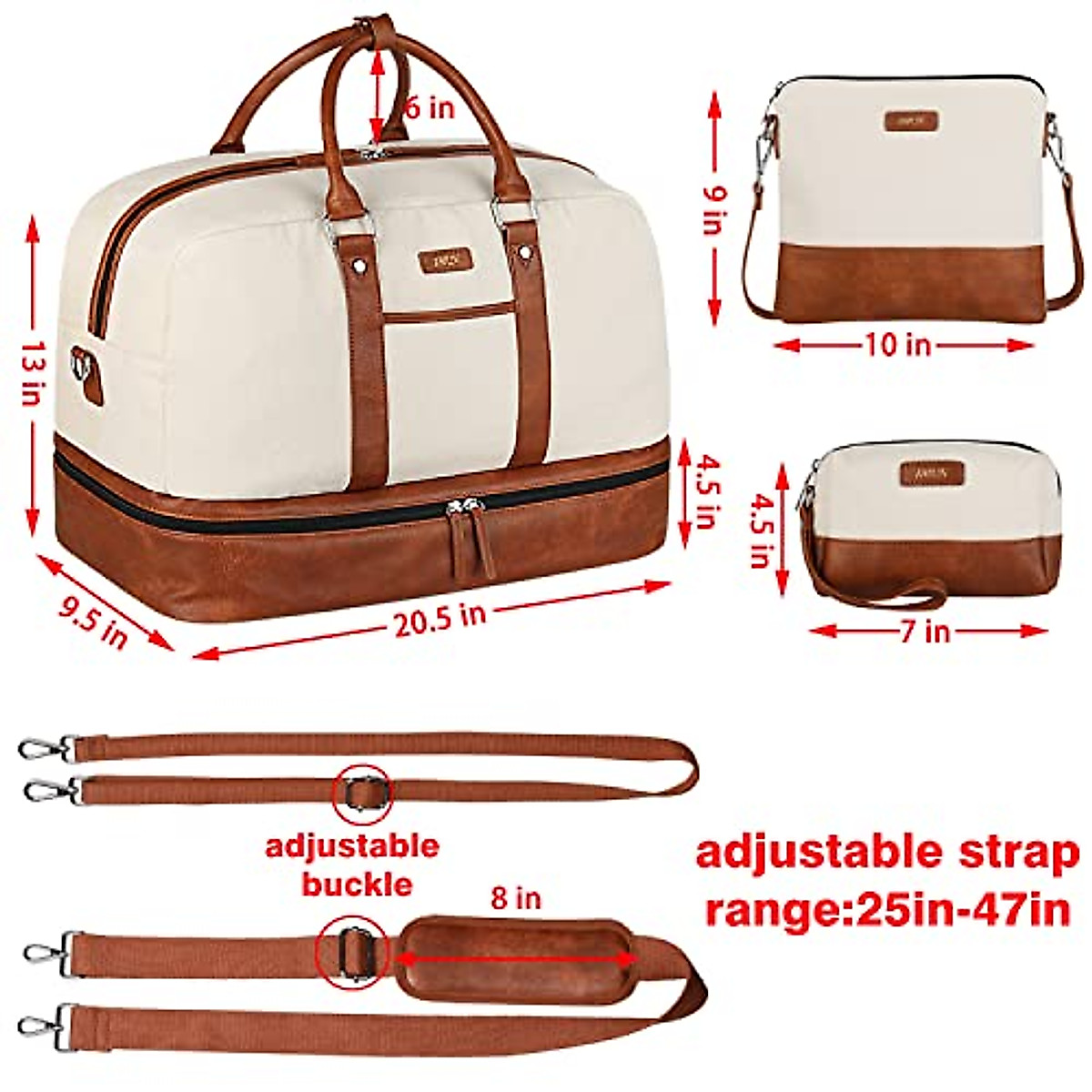 Weekender Bags for Women, Large Overnight Bag Canvas Travel Duffel Bag Carry On Tote with Shoe Compartment 21" for Women & Men 3Pcs Set