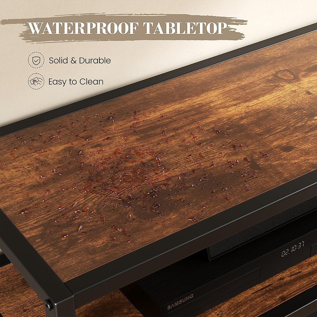 TECHMILLY Modern TV Stand for 65" TV, TV Table with Storage Shelves, Entertainment Center with Metal Frame, TV Console Table for Living Room, Bedroom, Rustic Brown