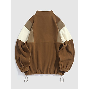 ZAFUL Men's Fluffy Polar Fleece Sweatshirt NEW YORK Embroidery Colorblock Half Zip Unisex Hoodie Coffee M