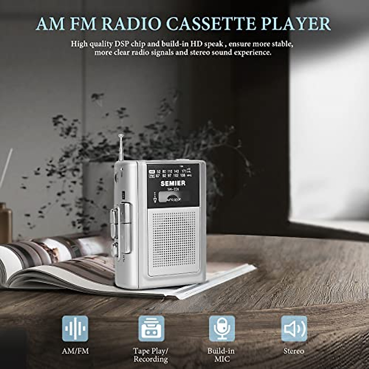 SEMIER Portable Cassette Player Recorder AM FM Radio Stereo -Compact Personal Walkman Cassette Tape Player/Recorder with Built in Speaker and Earphones -Silver