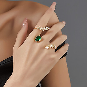 Aprilery Three-Fingers Statement Ring, Emerald Stone CZ Cubic Zirconia Crystal Hand Fingers Rings Leaf Shape Jewelry Ring Unique Adjustable Prom Accessories Gifts for Women