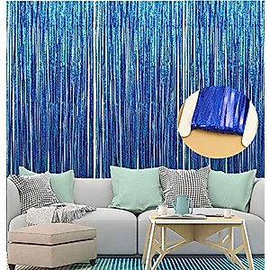 Foil Fringe Backdrop, 3 Pack 3.3 ft x 8.2 ft Photo Booth Backdrop Curtain for Parties - Tinsel Curtain Fringe Backdrop Party Decorations for Birthday, Wedding or Bachelorette Party (Laser Blue)