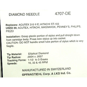Phonograph Turntable Needle For Acutex 307E 306/II 320/III 310/II 312 315 Astatic N1801-7D Hitachi DS-ST103 Kenwood N-45 Magnavox 560418, 560421 Radio Shack RS-1150