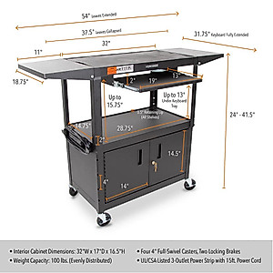 Line Leader Large AV Cart with Locking Cabinet & Drop Leaves, Rolling Height Adjustable Utility Cart with Pullout Laptop Keyboard Tray & Cord Management, Narrow Mobile Workstation (Black, 54 x 18)