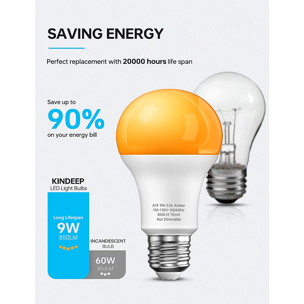 KINDEEP Amber Light Bulbs, 9W Amber Yellow LED Light Bulb, 2000K Soft Warm Light Bulbs, Bug Light Bulbs, 60W Equivalent, E26, for Bedroom, Nursery Room, Porch, Outdoor, Non-Dimmable, 4 Pack