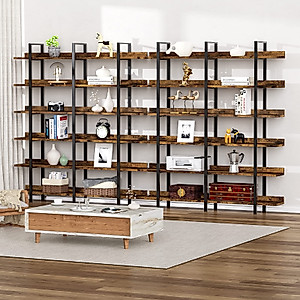 FRAPOW 83Inch Industrial Bookshelf and Bookcase, Double Wide 6 Tier Large Vintage Book Shelf with Metal Frame Open Bookshelves for Living Room Home Office