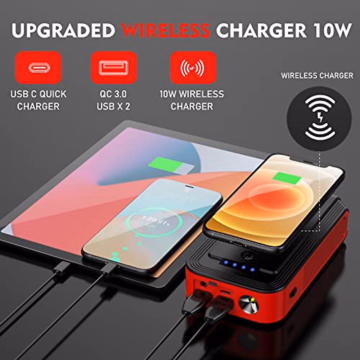 Jump Starter 3000A, Car Battery Jumper Starter Portable, 12V Jump Start Battery Pack up to 7.2L Gas or 8.0L Diesel Engine Jump Starter with Wireless Charging/Power Bank/QC3.0/LED Light