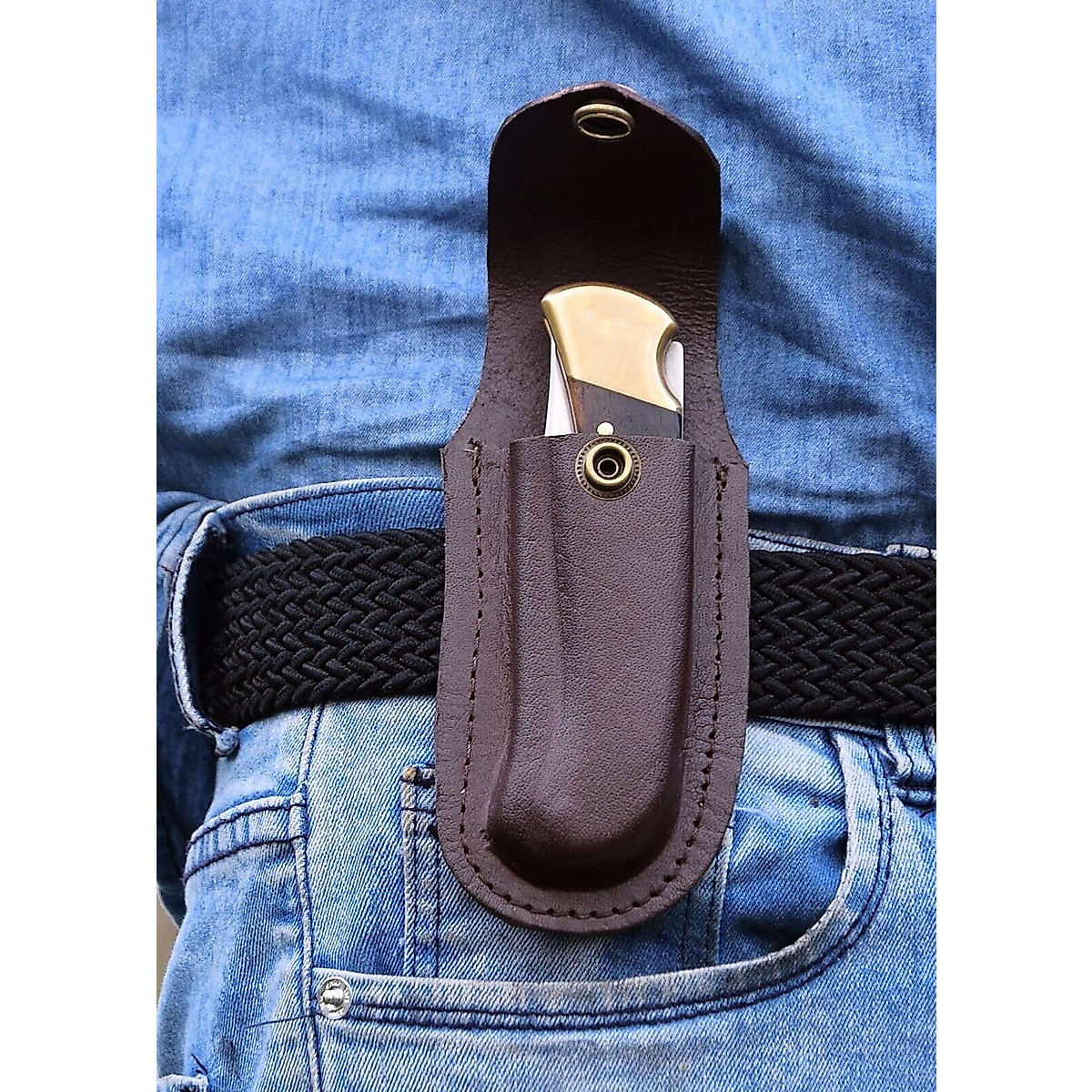 Custom Handmade Leather Genuine Vertical and Horizontal Sheath Folding Pocket Knife Buck 110