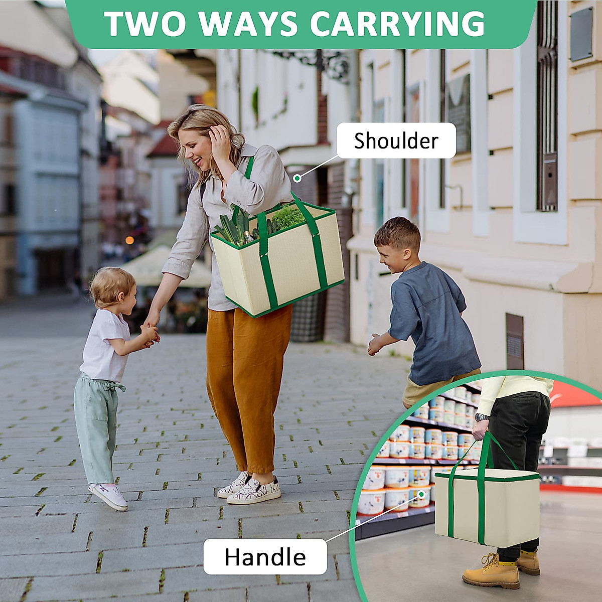 DAREKUKU 3 Pack Reusable Grocery Bags, Foldable Washable Insulated Shopping Bags For Groceries With Reinforced Bottom & Handles (2 Grocery Tote Bags + 1 Insulated Cooler Bag)