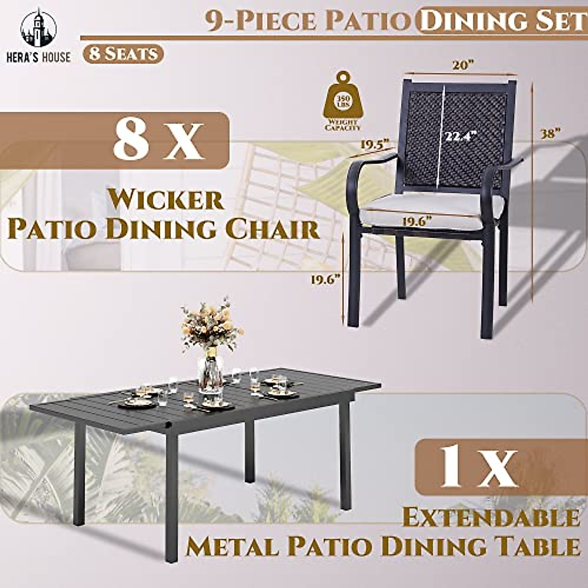 HERA'S HOUSE 9 Pieces Wicker Patio Dining Set, 8 x Rattan Dining Chair, 1 x Extendable Metal Dining Table, All Weather Resistant Outdoor Furniture Set for 8 for Lawn Garden Backyard