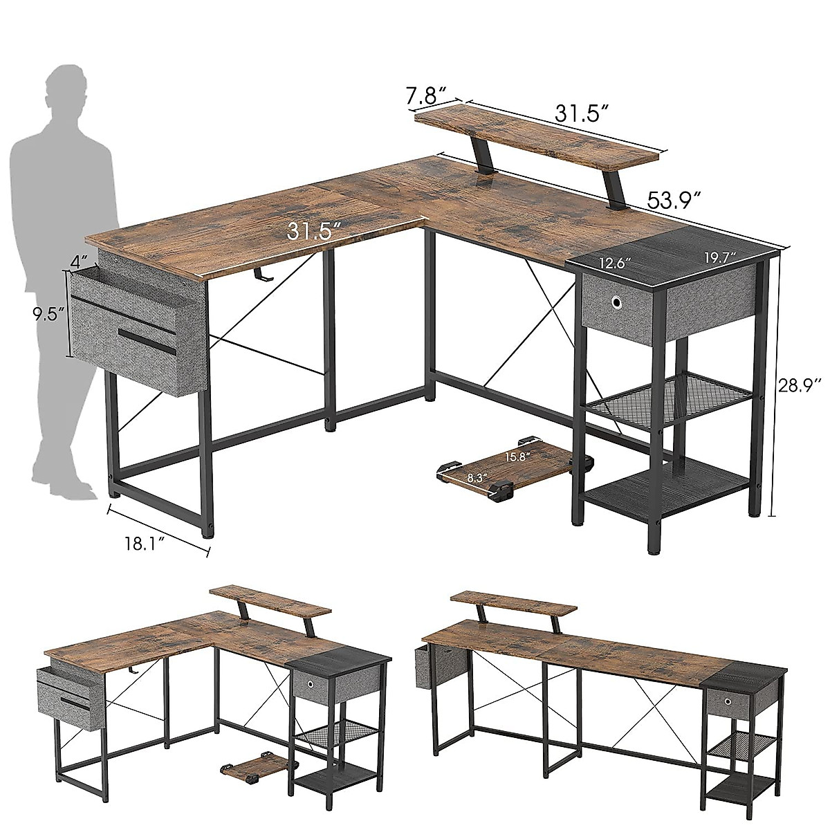 SUAYLLA L Shaped Desk with Drawers, Computer Gaming Desk with Storage Shelves, Work Desk for Home Office L-Shaped, 2 Person Long Table for Writing Workstation, Rustic Brown