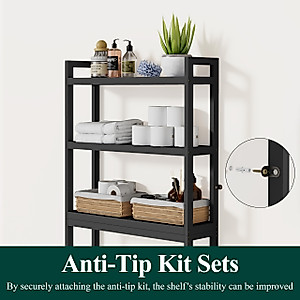 Smiry Over The Toilet Storage, Bamboo 3-Tier Over Toilet Bathroom Organizer with Adjustable Shelf, Fit Most Toilets, Space Saving, Stable Freestanding Storage Cabinet with 4 Hooks, Black