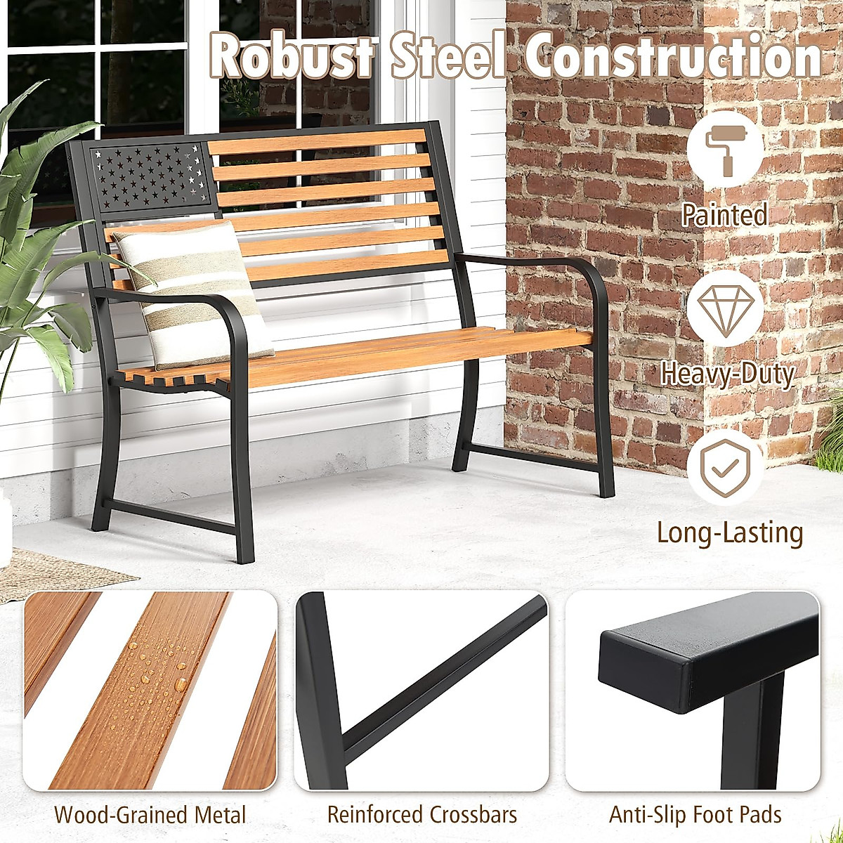 Giantex Outdoor Bench, 2-Person Metal Garden Bench with American Flag Backrest, Curved Armrests & Slatted Seat, 660 Lbs Capacity, Outdoor Bench for Lawn, Porch, Yard, Park Bench