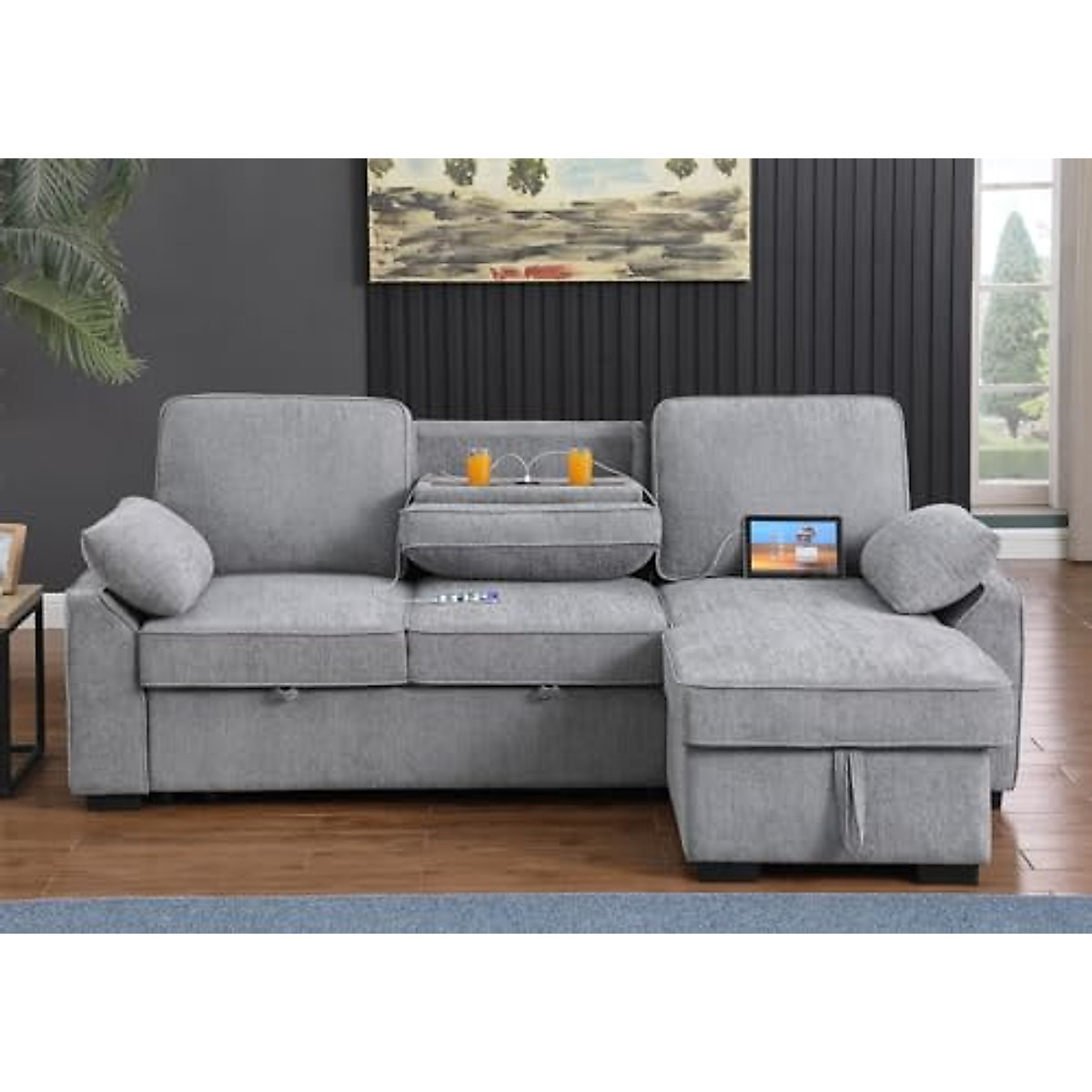 Lilola Home Mackenzie Light Gray Chenille Fabric Sleeper Sectional with Right-Facing Storage Chaise, Drop-Down Table, Cup Holders and Charging Ports