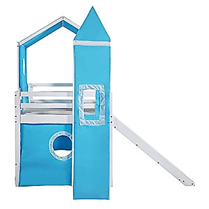 DEYOBED Twin Size Bunk Bed with Slide and Built-in Ladder, Wood Castle Loft Bed Frame with Blue Tent and Tower, Ideal Playhouse for Kids Boys Girls, Blue