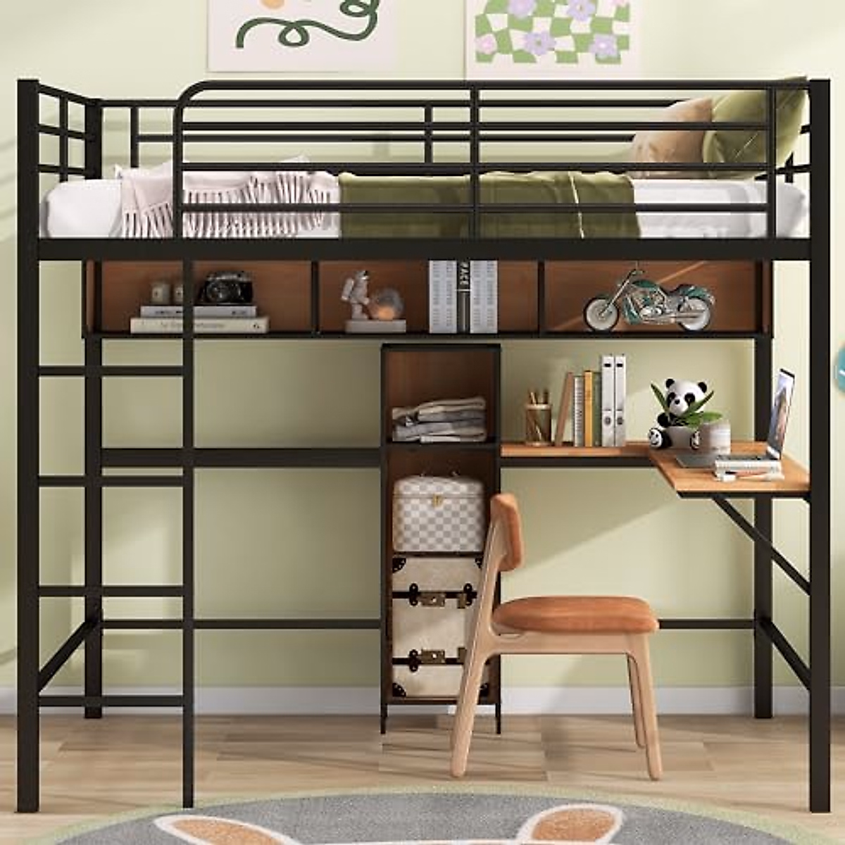 DOLPRNE Full Size Metal Loft Bed with L -Shaped Desk,Guardrails and Shelves,Multi -Functional Bed Frame for Kids Teens Adults Bedroom,Black