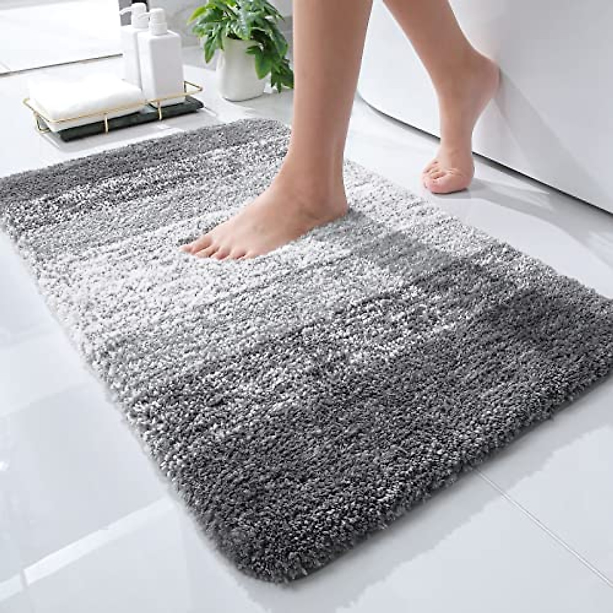 OLANLY Ombre Bath Rug and Toilet Rugs U-Shaped, Bath Rug Size 16x24 and Toilet Rugs Size 20x24 in Grey, 2 Item Bundle