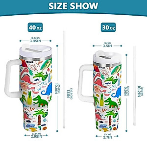 RPLIFE Dino Doodle Collection 40oz Tumbler with Handle, Stainless Steel Coffee Cup, Insulated Water Bottle with Straw