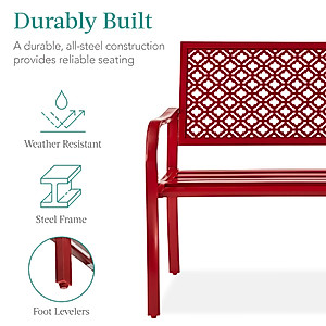 Best Choice Products Outdoor Bench 2-Person Metal Steel Benches Furniture for Garden, Patio, Porch, Entryway w/Geometric Backrest, 790lb Capacity - Rose Red