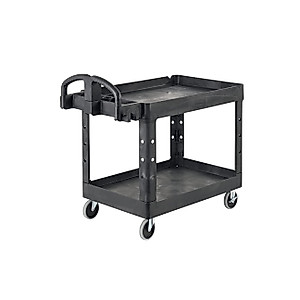 Rubbermaid Commercial Products 2-Shelf Utility/Service Cart, Medium, Lipped Shelves, Ergonomic Handle, 500 Lbs Capacity, for Warehouse/Garage/Cleaning/Manufacturing (FG452088BlA)