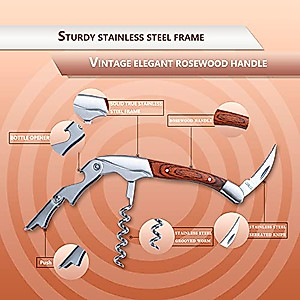 AIZOEVCN Professional Waiters Corkscrew Wine Key Rosewood Handle 3 in 1 Bottle Opener with Foil Cutter, Heavy Duty Stainless Steel Wine Opener for Servers, Bartenders, Sommelier, Bar, Restaurant, Home