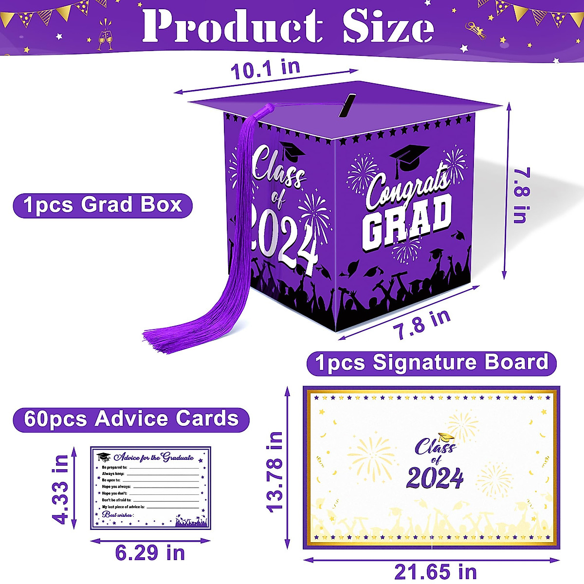 Graduation Decorations Class of 2024, Original Graduation Cap Shaped Card Box with Tassel, 60 PCS Grad Advice Cards and Guest Signature Board, Card Box for Graduation Party 2024, Graduation Box