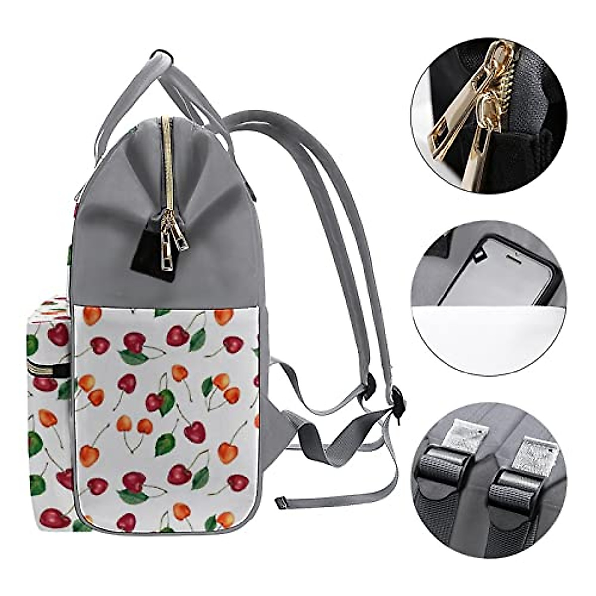 Cherry Berries Watercolor Diaper Bag Backpack Large Capacity Mommy Bags Multifunction Nappy Bag Travel Back Pack Gray-Style