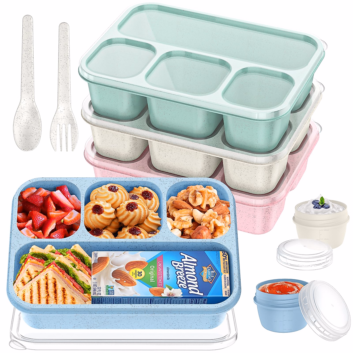 Yumuk Bento Box Adult Lunch Box (4 Pack) - 4-Compartment Snackle Box Container Bento Box for Kids/Adults, 44Oz/1300ML Meal Prep Containers Reusable with 2 Sauce Containers & Utensils (Wheat)