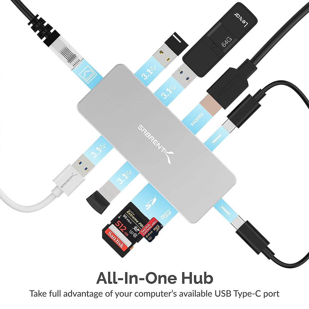 SABRENT USB C Hub,9 in 1 to HDMI 2.0 4K 30Hz Adapter with 1 Gbps RJ45 Ethernet,Pd Type C Pass Through Charging Port, SD/MicroSD, 2 USB 3.1 Ports, Laptop Docking Station MacBook(HB-UHPN)
