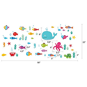 Ocean Fish Wall Decals – Sea Whale Turtle Tropical Creatures Bathroom Stickers - Cartoon Decorative Bathroom Wall Decal for Kids [>50 Art Decals]