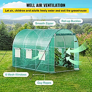 VEVOR Walk-in Tunnel Greenhouse, 10 x 7 x 7 ft Portable Plant Hot House w/ Zippered Door, 6 Roll-up Windows, Galvanized Steel Hoops, 1 Top Beam, and 2 Diagonal Poles, Green