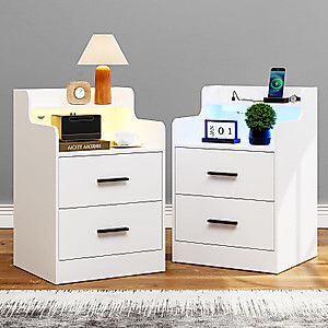 Nightstand with 2 Drawers, Nightstand Set of 2 with Led Light& Power Strip,15.7''Lx17.7''Wx26.8‘’H Night Stand for Bedroom,Bed Side Table with Charging Station,White