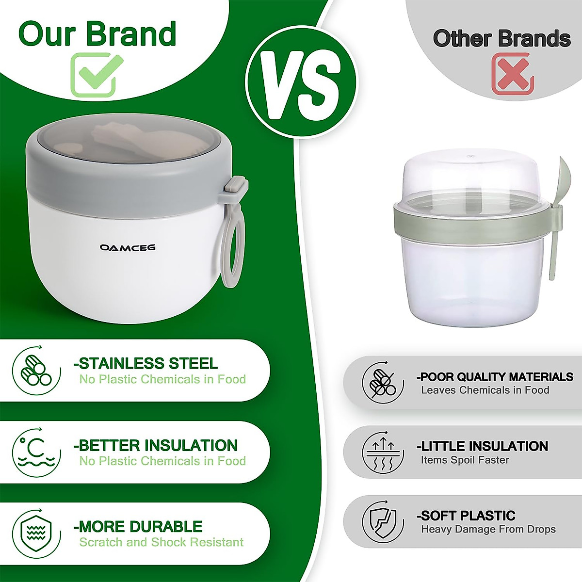 OAMCEG 2 Pack Overnight Oats Containers with Lids - 20 OZ Yogurt Cups Stainless Steel Inside Overnight Oats Jars with Spoon, Insulated Food Jars Portable Oatmeal Container Breakfast On The Go Cups