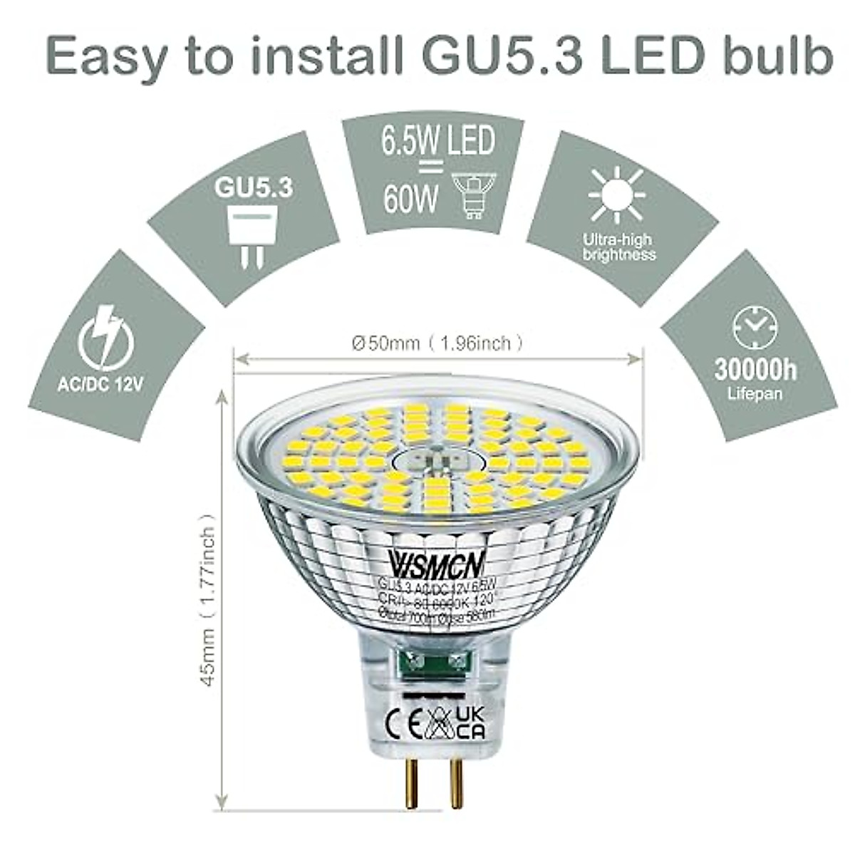 WSMCN MR16 GU5.3 LED Bulbs, Daylight Bright Cool White 6000K 700 Lumens Lamp, Non-dimmable, 6.5W Equivalent to 60W Halogen, AC/DC 12V LED Spotlight Bulb, 120° Beam Angle, Pack of 6